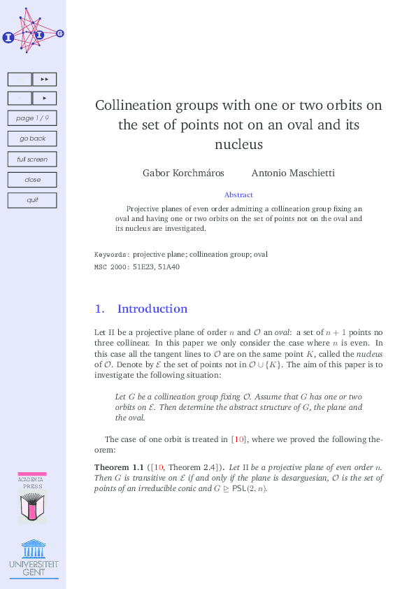 (PDF) Collineation groups with one or two orbits on the set of points not on an oval and its nucleus
