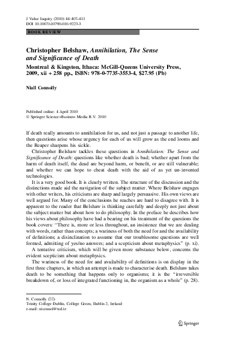 (PDF) Christopher Belshaw, Annihilation, The Sense and Significance of ...