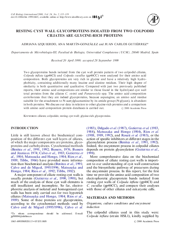 (PDF) RESTING CYST WALL GLYCOPROTEINS ISOLATED FROM TWO COLPODID ...
