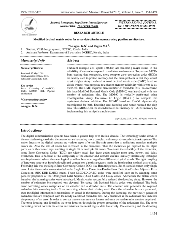 Pdf Modified Decimal Matrix Code For Memory Ecc