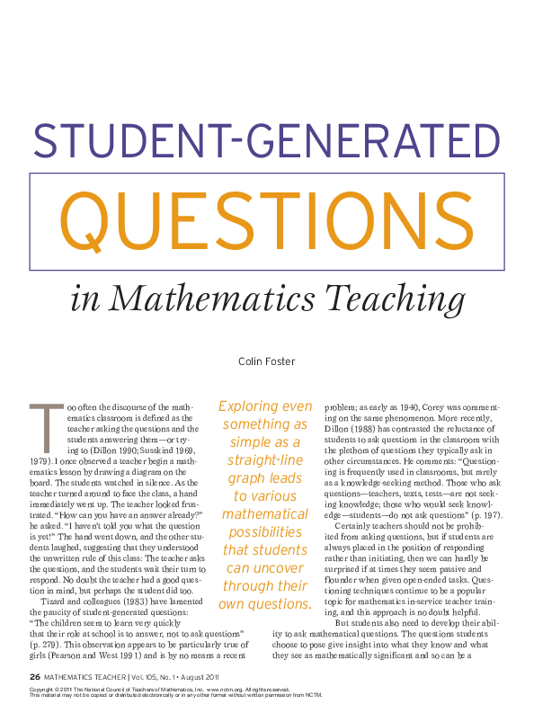 (PDF) Student–Generated Questions in Mathematics Teaching