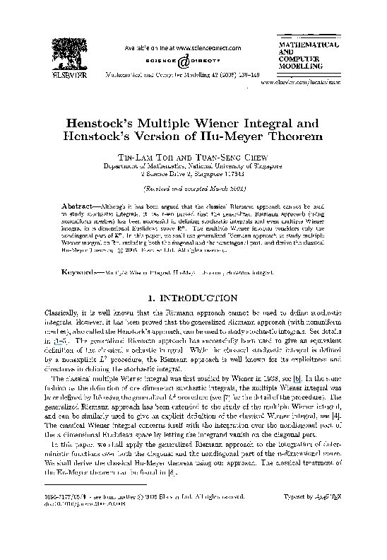(PDF) Henstock's multiple wiener integral and henstock's version of hu-meyer theorem
