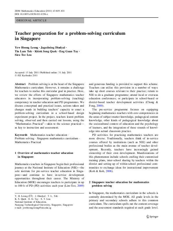 (PDF) Teacher preparation for a problem-solving curriculum in Singapore