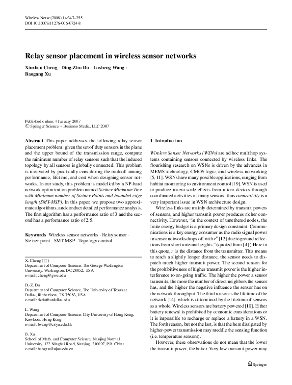 Pdf Relay Sensor Placement In Wireless Sensor Networks