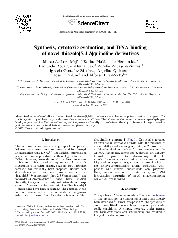 (PDF) Synthesis, cytotoxic evaluation, and DNA binding of novel thiazolo[5,4- b]quinoline ...