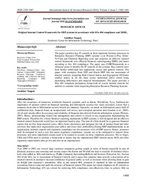 (PDF) Original Internal Control Framework for ERP systems in accordance ...