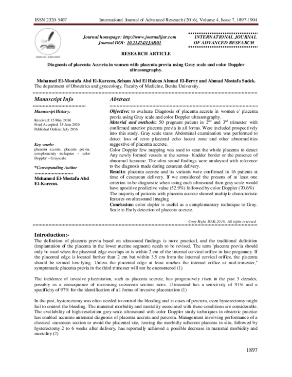 (PDF) Diagnosis of placenta Accrcta in women with placenta previa using ...