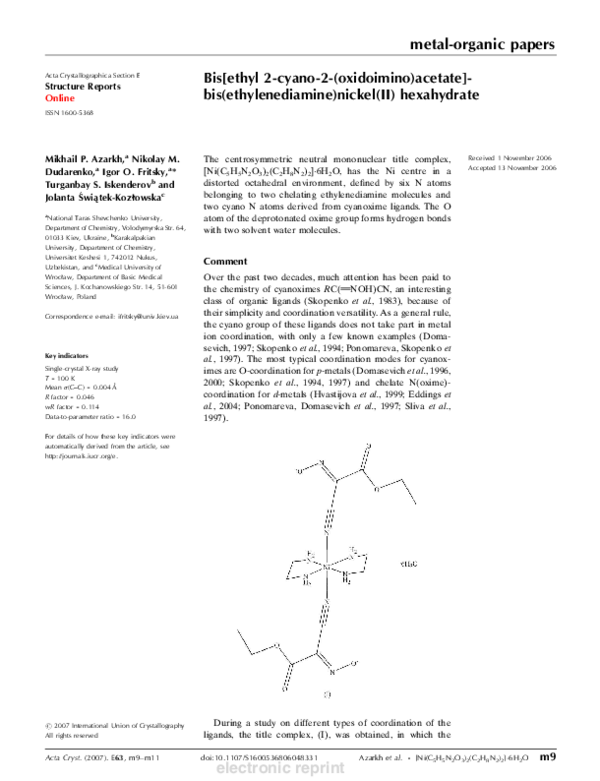 (PDF) Bis[ethyl 2-cyano-2-(oxidoimino)acetate]- bis(ethylenediamine ...