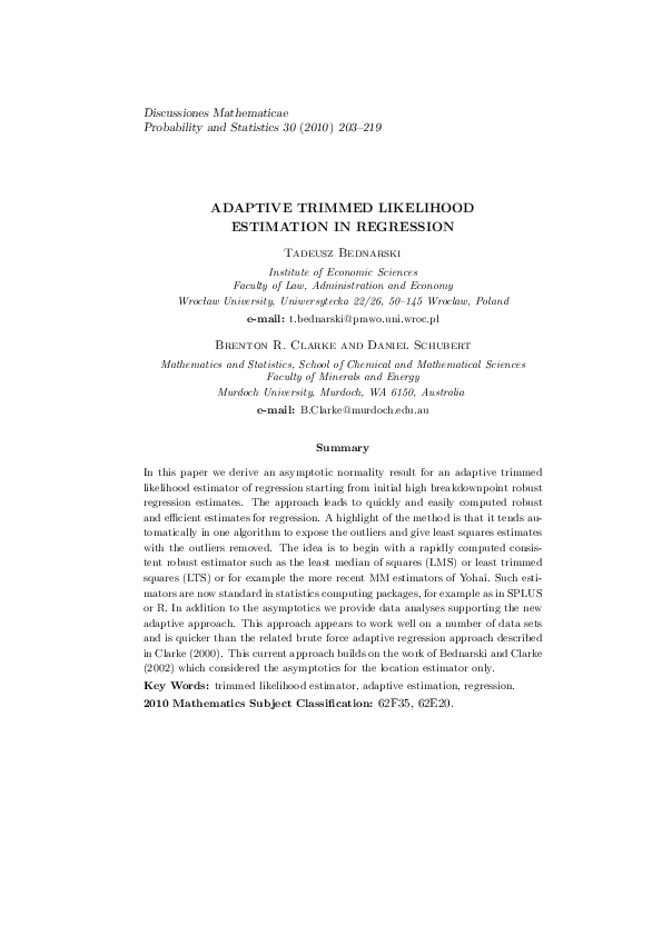 Pdf Adaptive Trimmed Likelihood Estimation In Regression