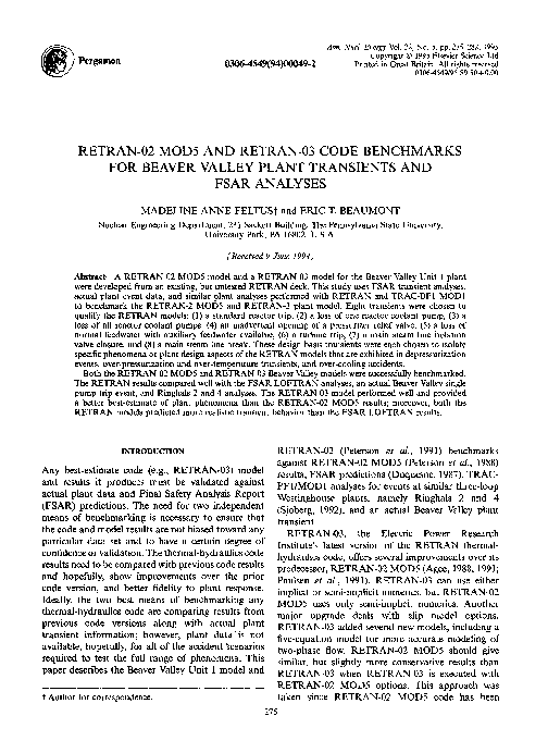 (PDF) RETRAN-02 MOD5 and RETRAN-03 code benchmarks for Beaver Valley ...