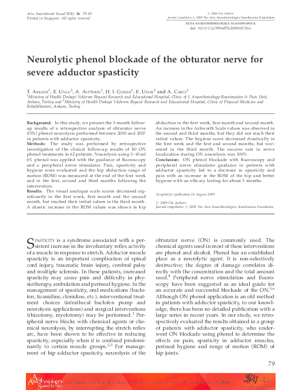 (PDF) Neurolytic phenol blockade of the obturator nerve for severe ...