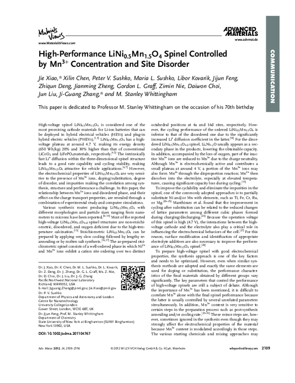 (PDF) High-Performance LiNi0.5Mn1.5O4 Spinel Controlled by Mn3+ Concentration and Site Disorder