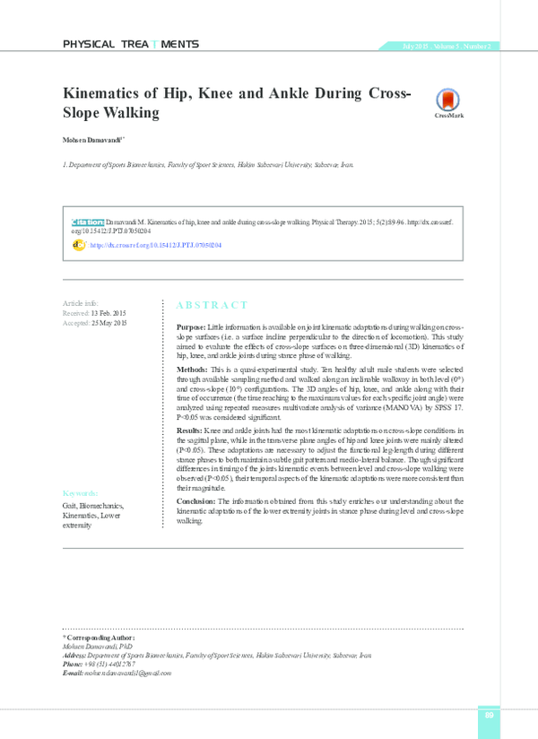 (PDF) Kinematics of Hip, Knee and Ankle During Cross- Slope Walking