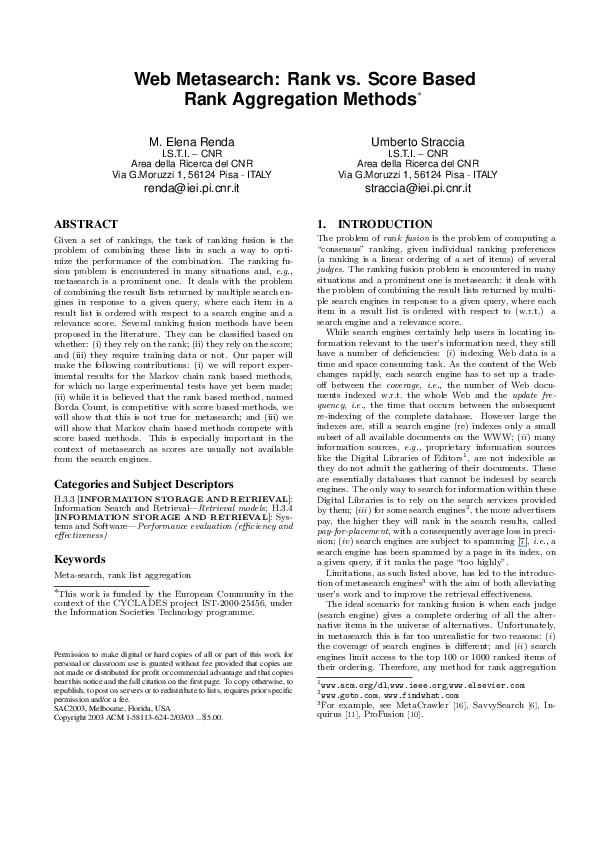 (PDF) Web Metasearch: Rank vs. Score Based Rank Aggregation Methods