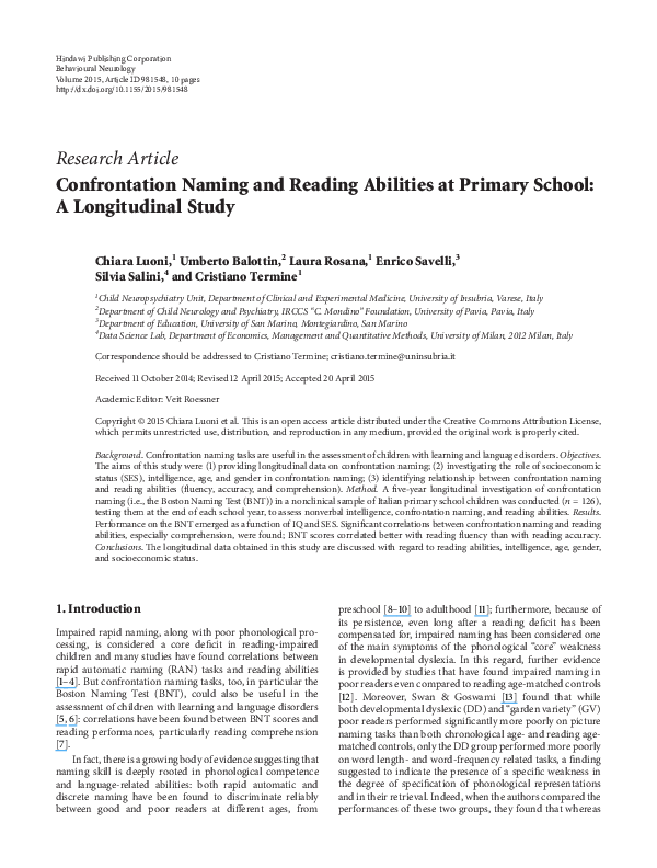 (PDF) Confrontation Naming and Reading Abilities at Primary School: A ...