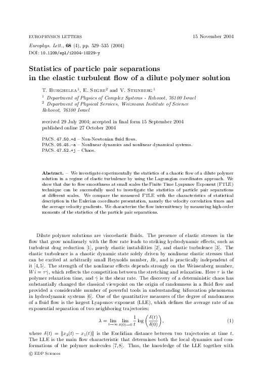 (PDF) Statistics of particle pair separations in the elastic turbulent flow of a dilute polymer ...
