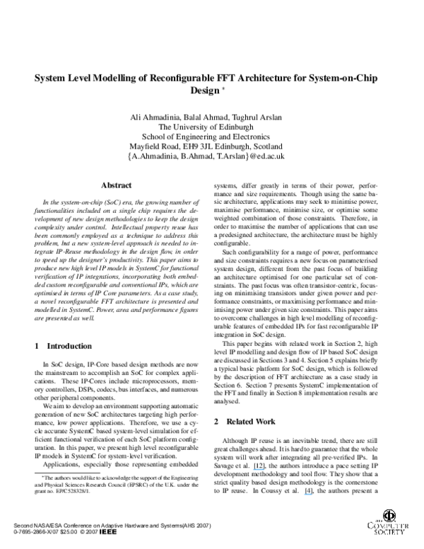 Pdf System Level Modelling Of Reconfigurable Fft Architecture For System On Chip Design