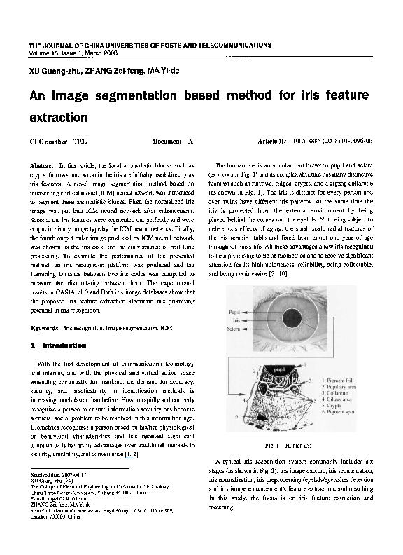Pdf An Image Segmentation Based Method For Iris Feature Extraction