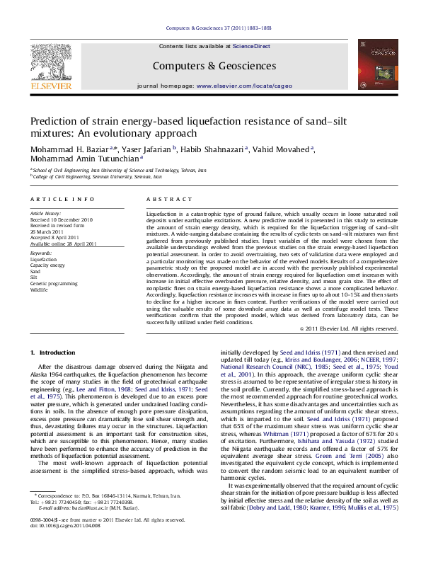 (PDF) Prediction of strain energy-based liquefaction resistance of sand–silt mixtures: An ...