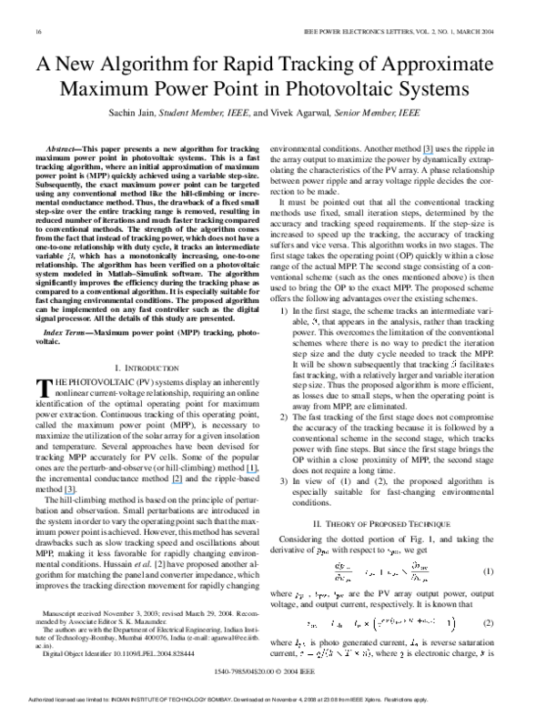 (PDF) A new algorithm for rapid tracking of approximate maximum power point in photovoltaic systems