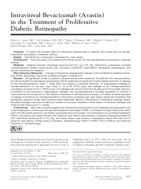 (PDF) Intravitreal Bevacizumab (Avastin) in the Treatment of ...