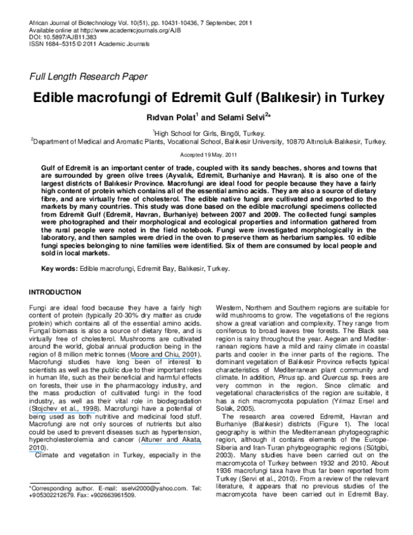 (PDF) Edible macrofungi of Edremit Gulf (Balıkesir) in Turkey
