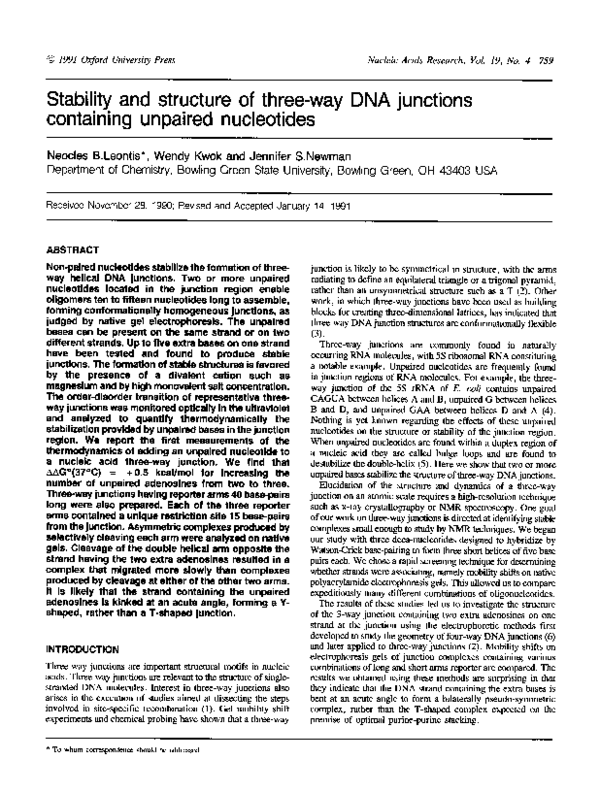 (PDF) Stability and structure of three-way DNA junctions containing ...