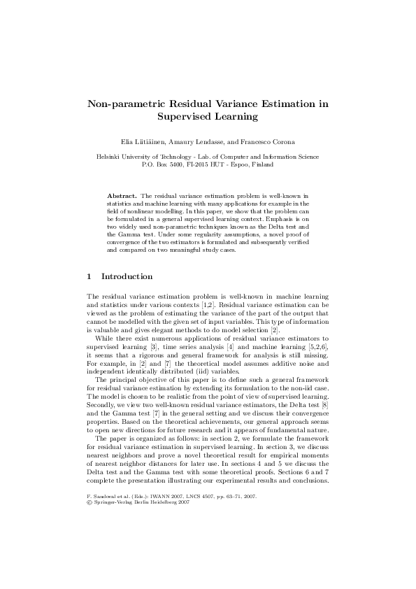 (PDF) Non-parametric Residual Variance Estimation in Supervised Learning
