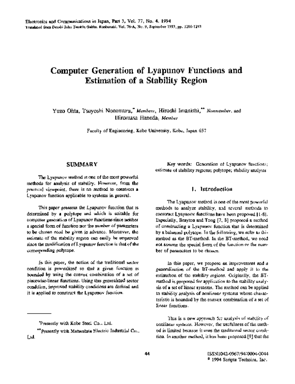 (PDF) Computer generation of lyapunov functions and estimation of a stability region