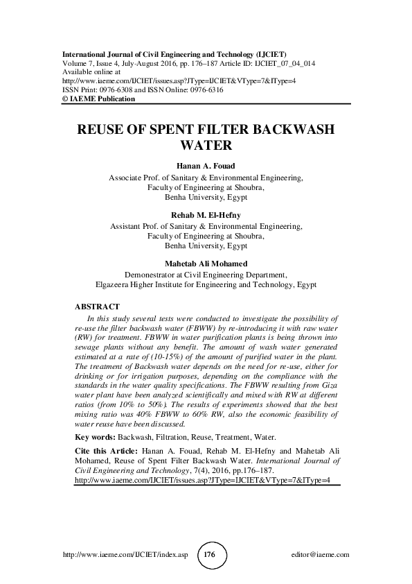 (PDF) REUSE OF SPENT FILTER BACKWASH WATER