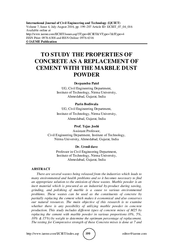 (PDF) TO STUDY THE PROPERTIES OF CONCRETE AS A REPLACEMENT OF CEMENT WITH THE MARBLE DUST POWDER