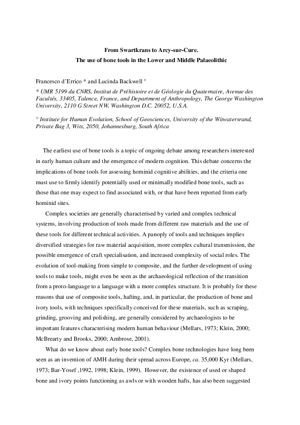 (PDF) From Swartkrans to Arcy-sur-Cure. The use of bone tools in the ...