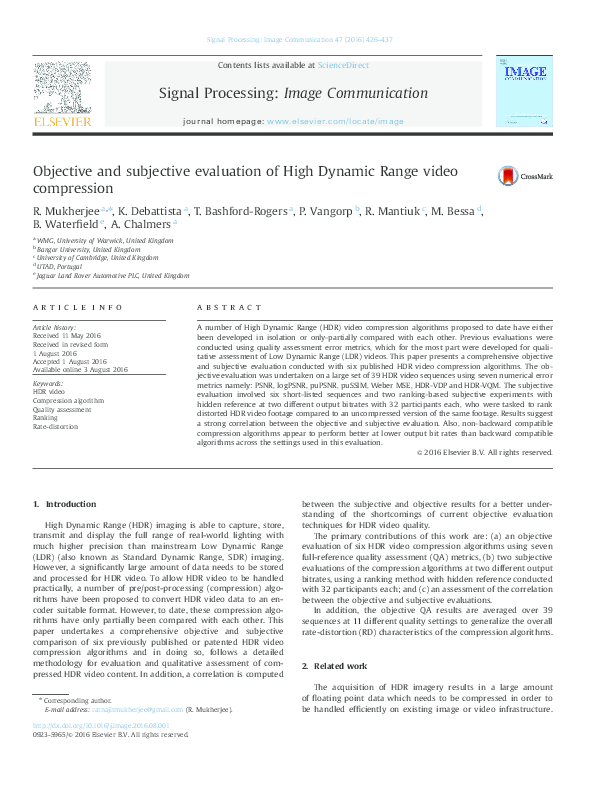 (PDF) Objective and subjective evaluation of High Dynamic Range video compression