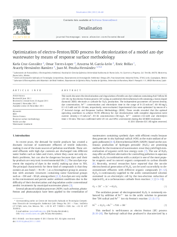 (PDF) Optimization of electro-Fenton/BDD process for decolorization of a model azo dye ...