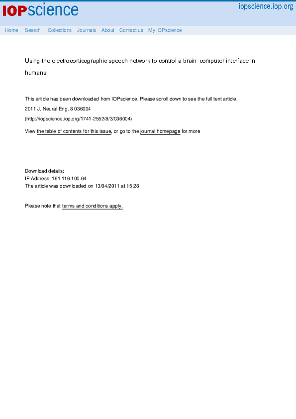 Pdf Using The Electrocorticographic Speech Network To Control A Brain Computer Interface In Humans