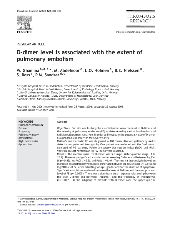 (PDF) D-dimer level is associated with the extent of pulmonary embolism