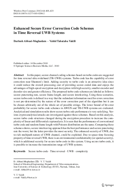 Pdf Secure Error Correction Coding Scheme Based On Turbo Codes For Time Reversal Uwb Systems