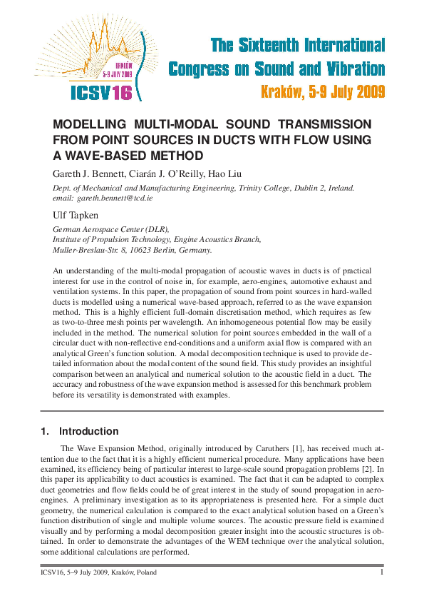 (PDF) Modelling multi-modal sound transmission from point sources in ducts with flow using a ...