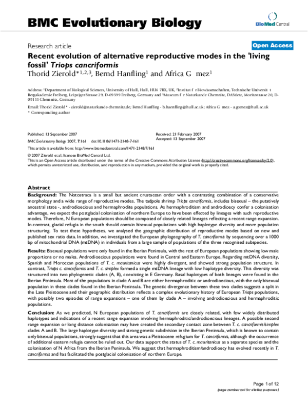 (PDF) Recent evolution of alternative reproductive modes in the 'living fossil' Triops cancriformis