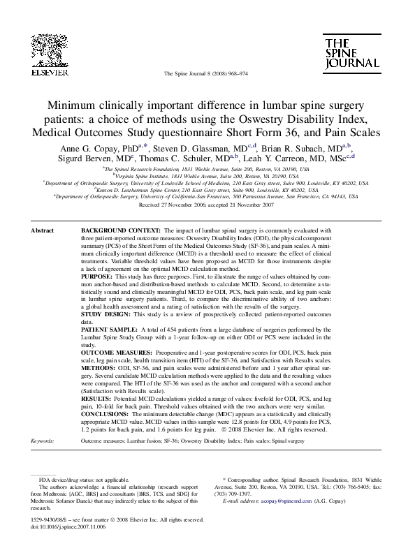 (PDF) Minimum clinically important difference in lumbar spine surgery patients: a choice of ...