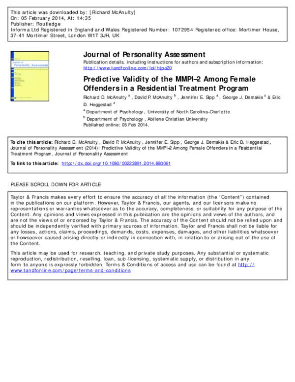 (PDF) Predictive Validity of the MMPI–2 Among Female Offenders in a ...