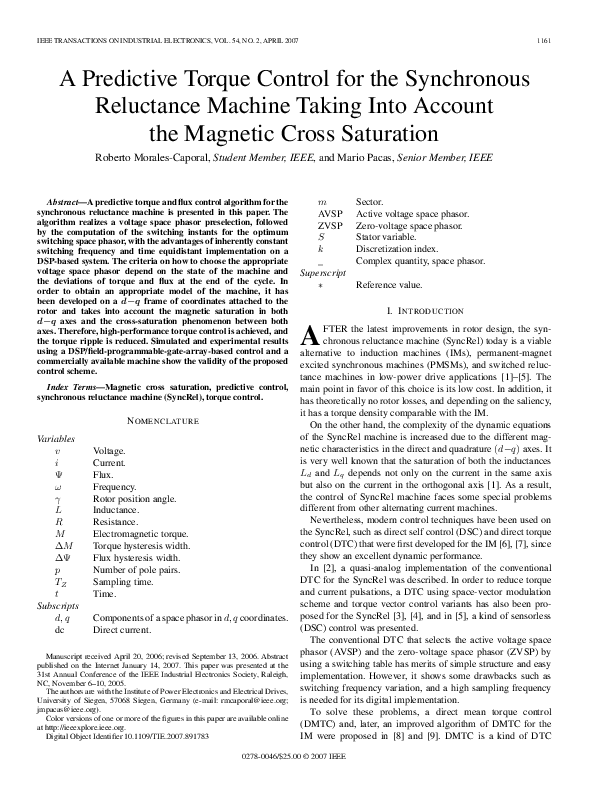 Pdf A Predictive Torque Control For The Synchronous Reluctance Machine Taking Into Account The