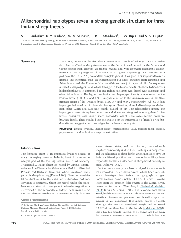 (PDF) Mitochondrial haplotypes reveal a strong genetic structure for three Indian sheep breeds ...