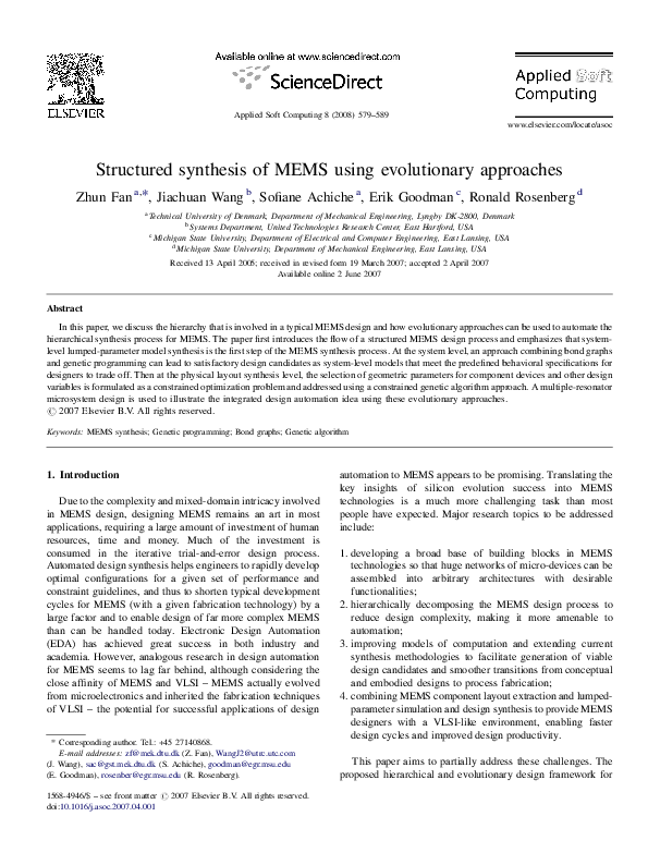 Pdf Structured Synthesis Of Mems Using Evolutionary Approaches