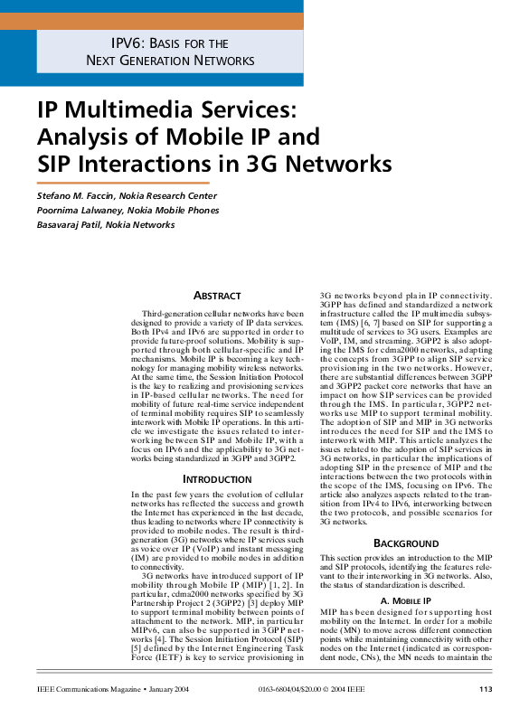 Pdf Ip Multimedia Services Analysis Of Mobile Ip And Sip