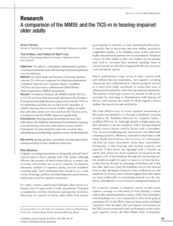 (PDF) A comparison of the MMSE and the TICS-m in hearing-impaired older ...