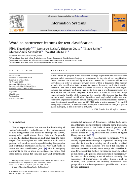 Pdf Word Co Occurrence Features For Text Classification