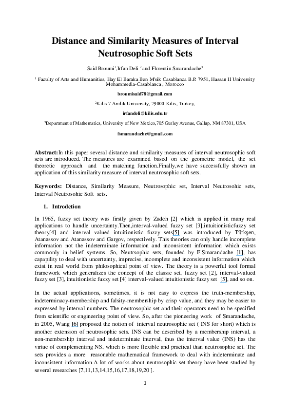 (PDF) Distance and Similarity Measures of Interval Neutrosophic Soft Sets