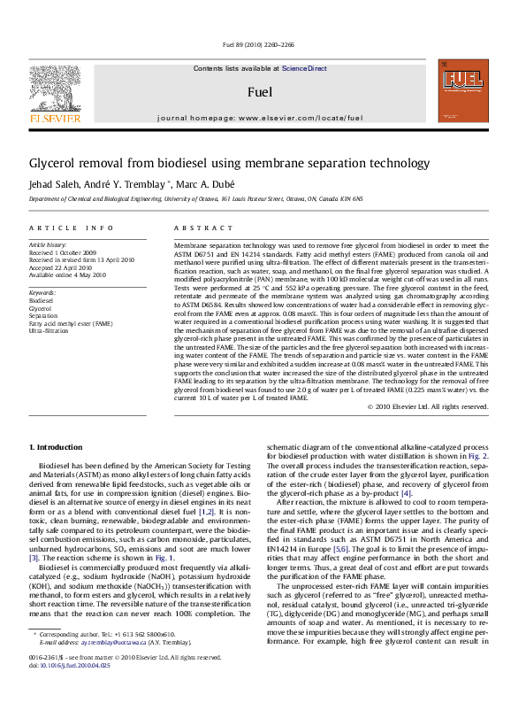 (PDF) Glycerol removal from biodiesel using membrane separation technology