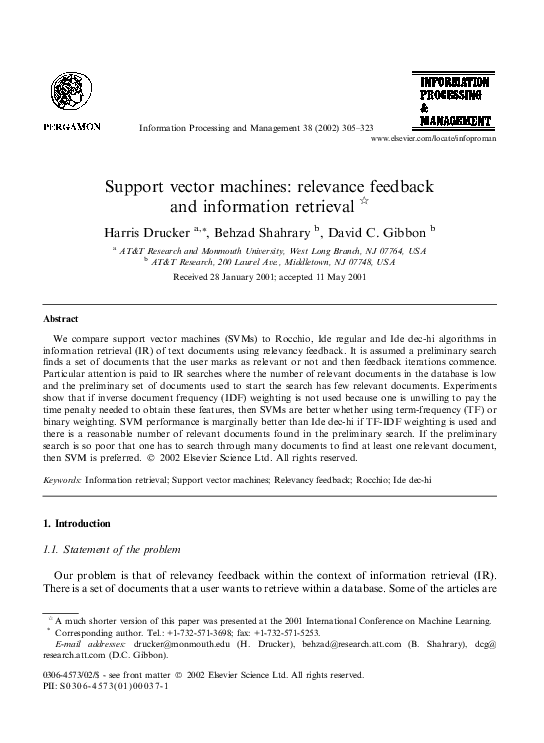 (PDF) Support vector machines: relevance feedback and information retrieval